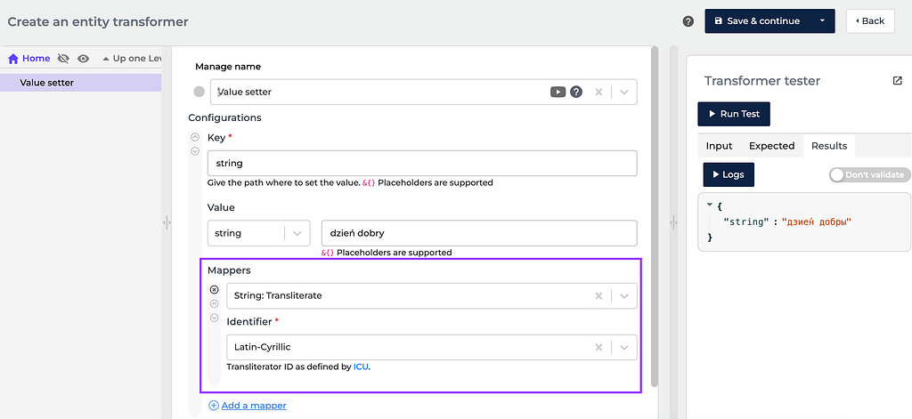 How to use Transliteration mapper - Transformers - Alumio